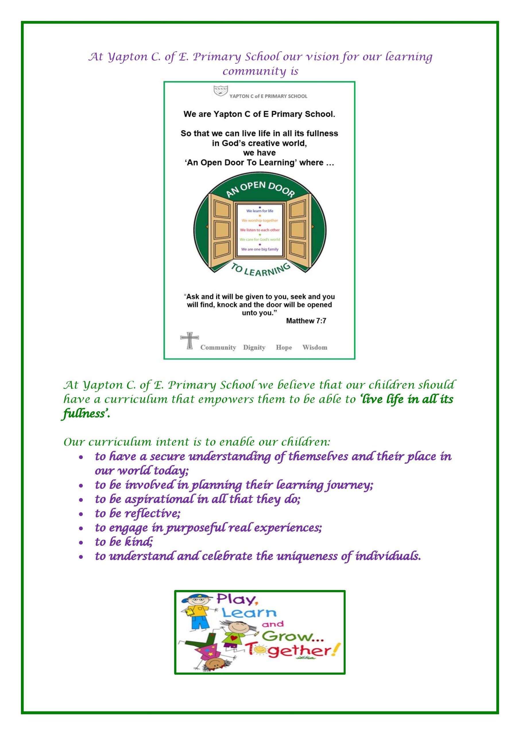 Vision & Values – Yapton Church of England Primary School